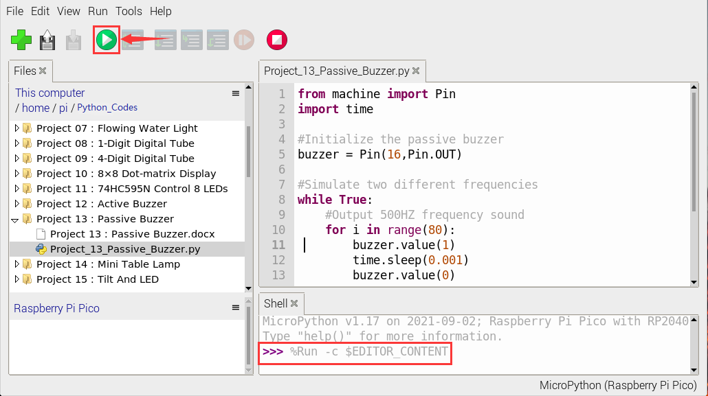 Project 13：Passive Buzzer — Raspberry Pi Pico Learning Kit documentation